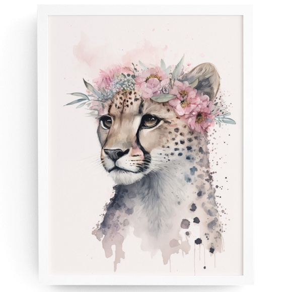 Art | Cute Floral Cheetah Watercolor Wall Art Illustration Print Poster ...